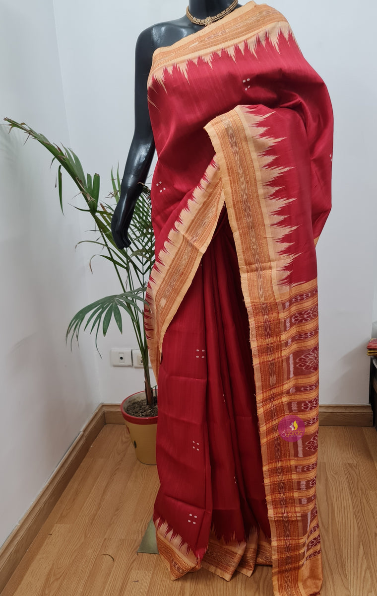 TRADITIONAL RED AND OFFWHITE TEMPLE BORDER ODISHA HANDWOVEN SOFT SILK ...